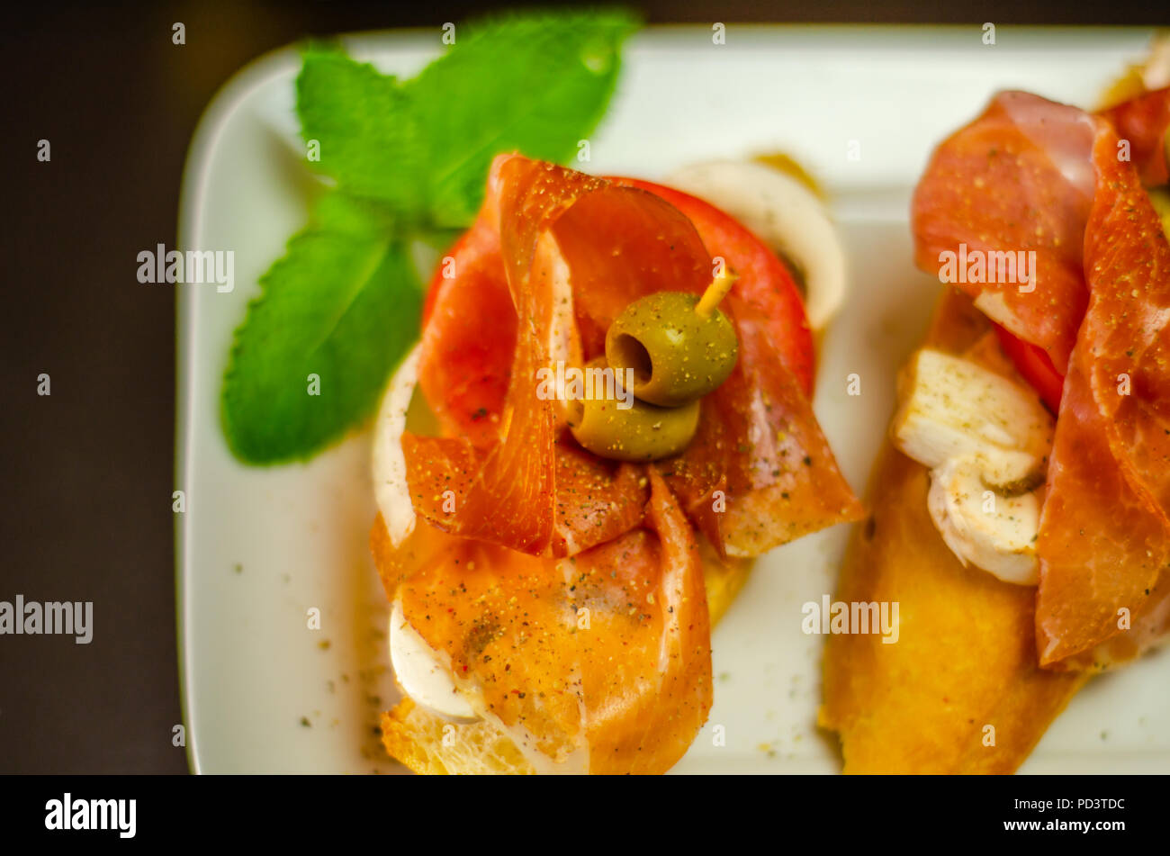 traditional spanish tapas for lunch table, mini sandwiches food set ...