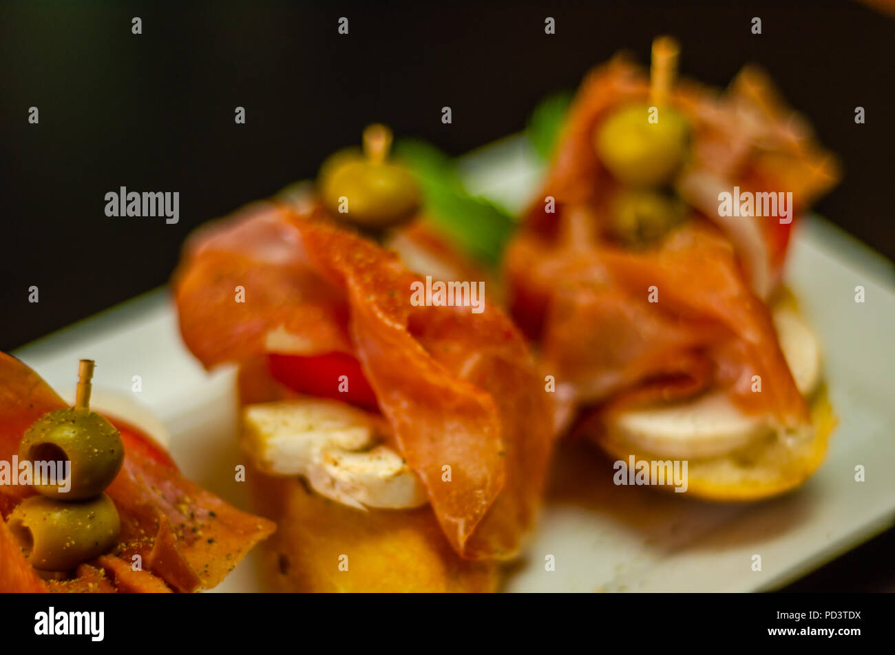 traditional spanish tapas for lunch table, mini sandwiches food set ...