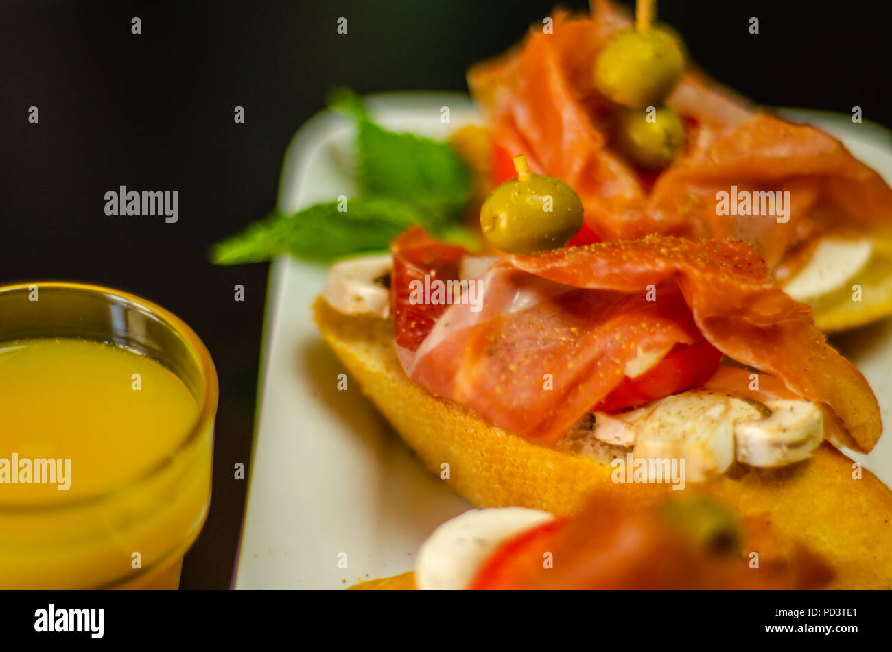traditional spanish tapas for lunch table, mini sandwiches food set ...