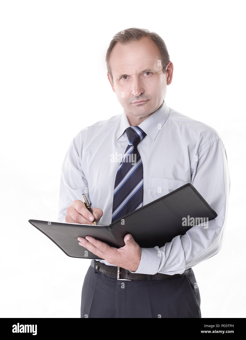 confident businessman with clipboard.isolated on white Stock Photo - Alamy