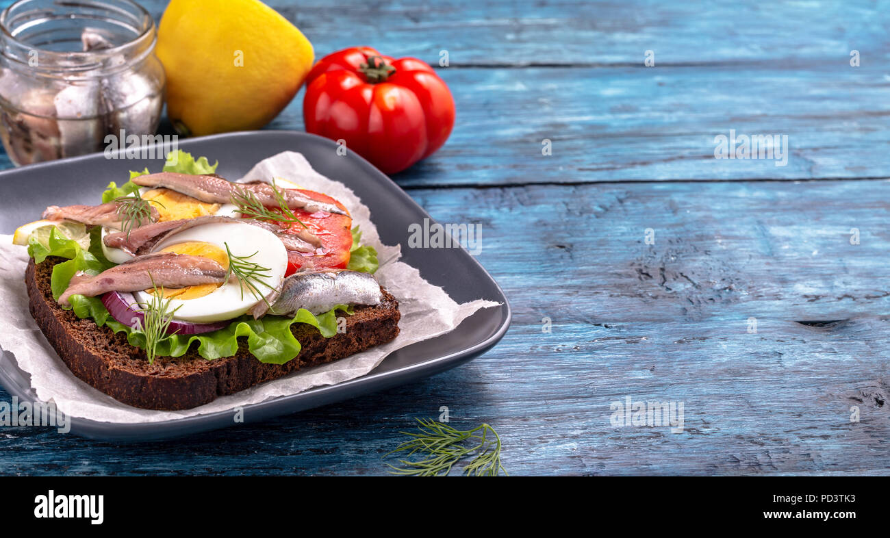 Sandwich with anchovy with copy space Stock Photo - Alamy