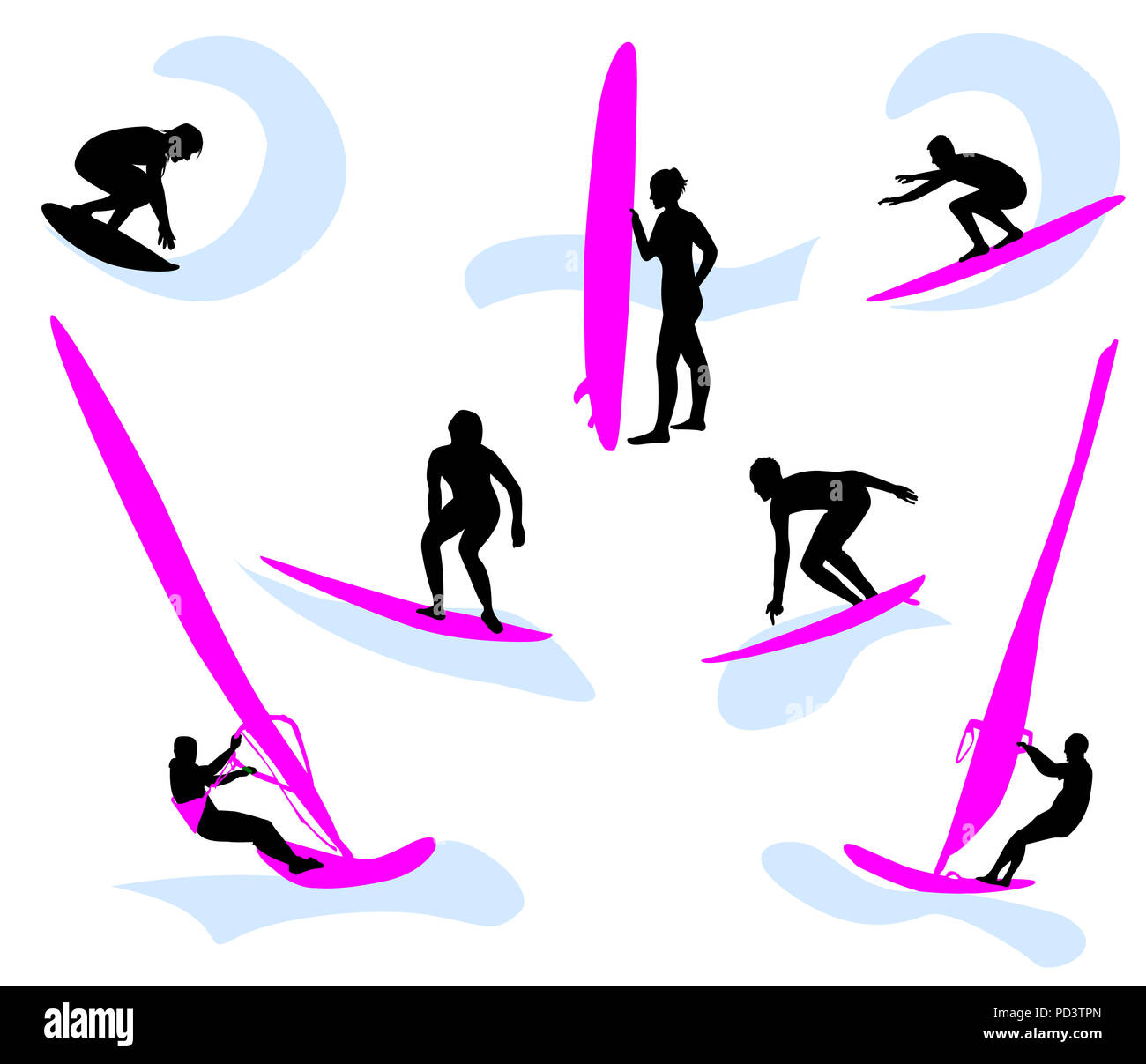 Vector illustration surfers surfing Cut Out Stock Images & Pictures - Alamy