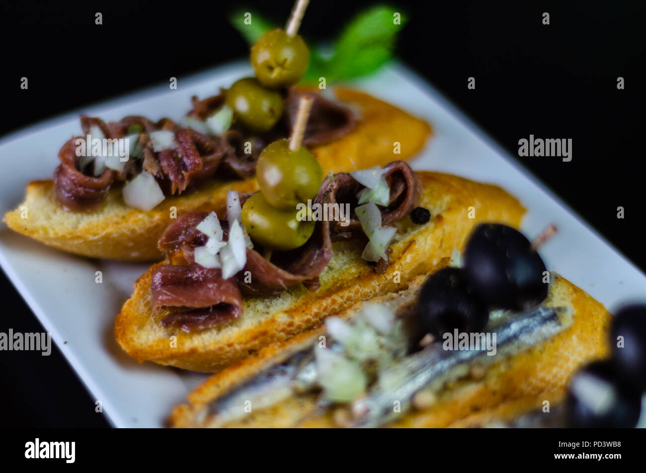 Spanish seafood tapas, mini sandwiches food set, delicious snack ...