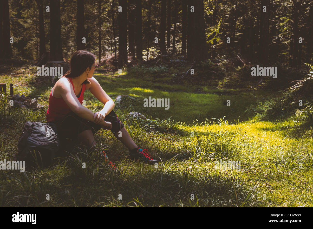 Female hiker resting and looking back on the forrest path behind Stock ...