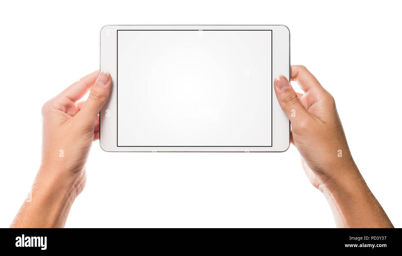 Blank empty white tablet screen with hands holding the device up with ...