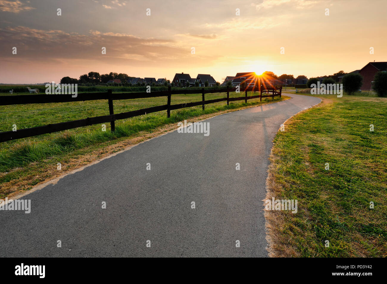 sunshine over cycling path by wooden fence in summer Stock Photo - Alamy