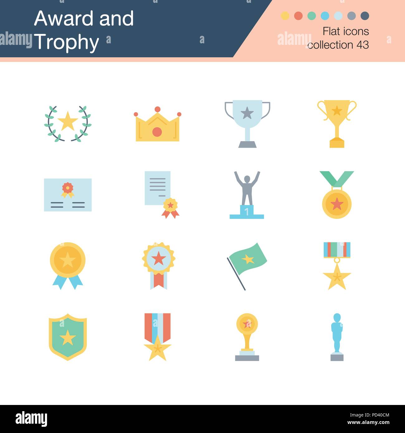 Award and Trophy icons. Flat design collection 43. For presentation ...