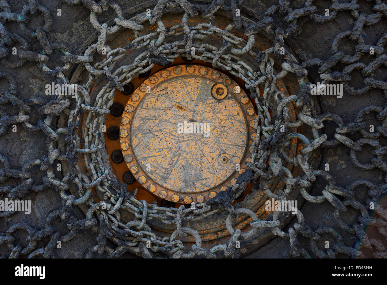 Truck Wheel with Chains Stock Photo - Alamy