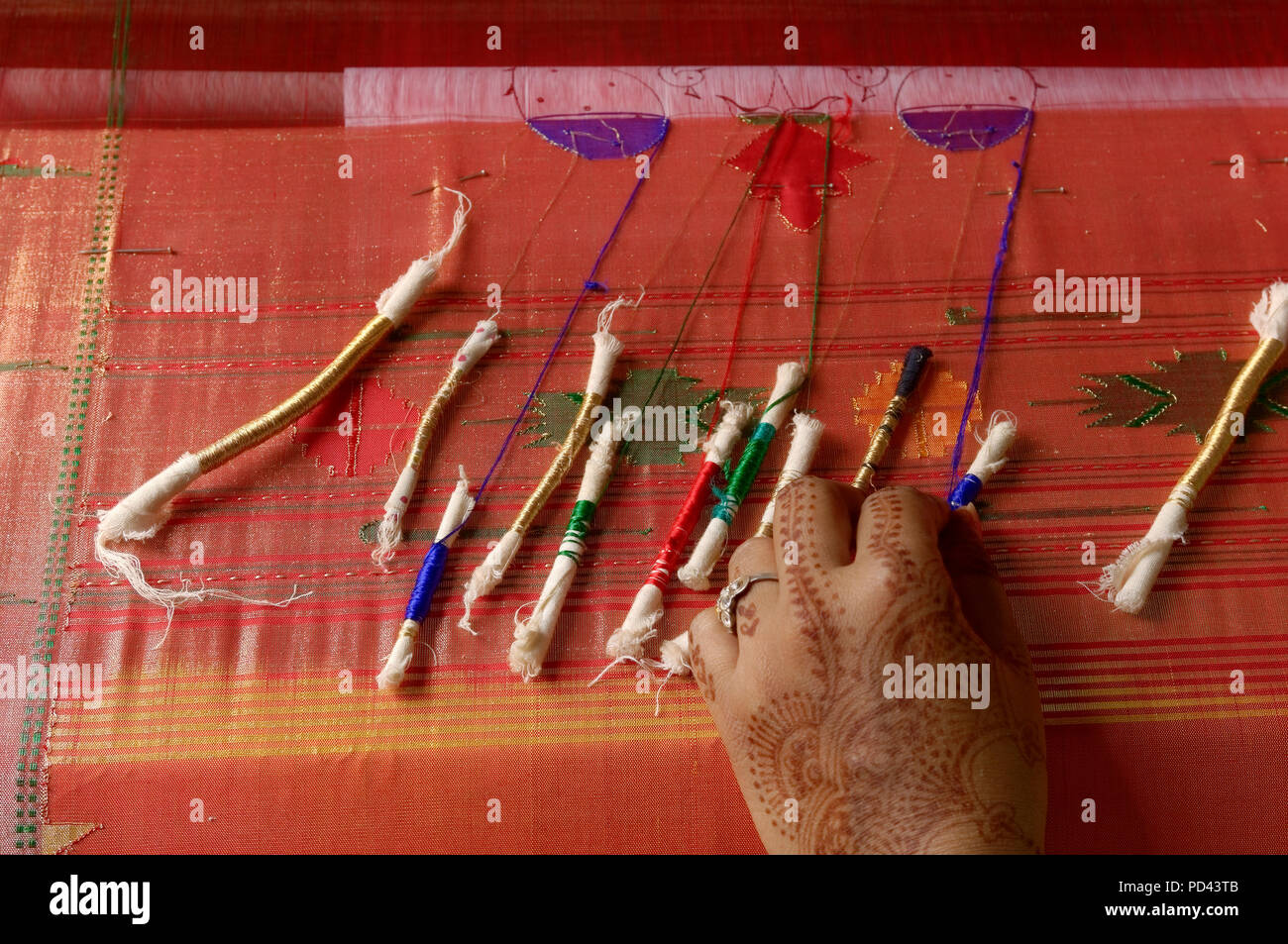 weaving of silk threads with gold thread a speciality of town Paithan in Maharashtra,India, also ...