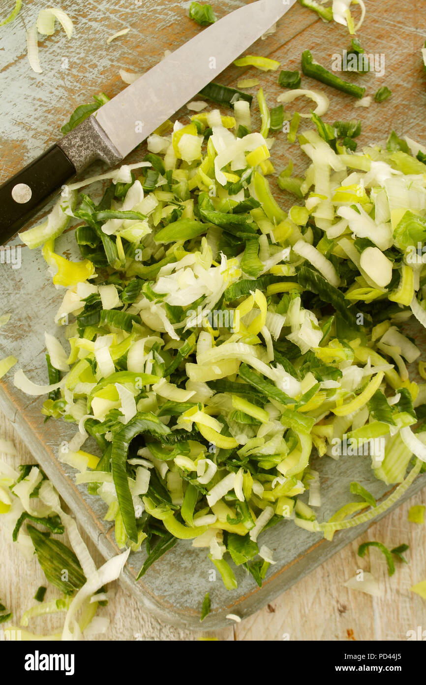 preparing fresh chopped leeks Stock Photo - Alamy