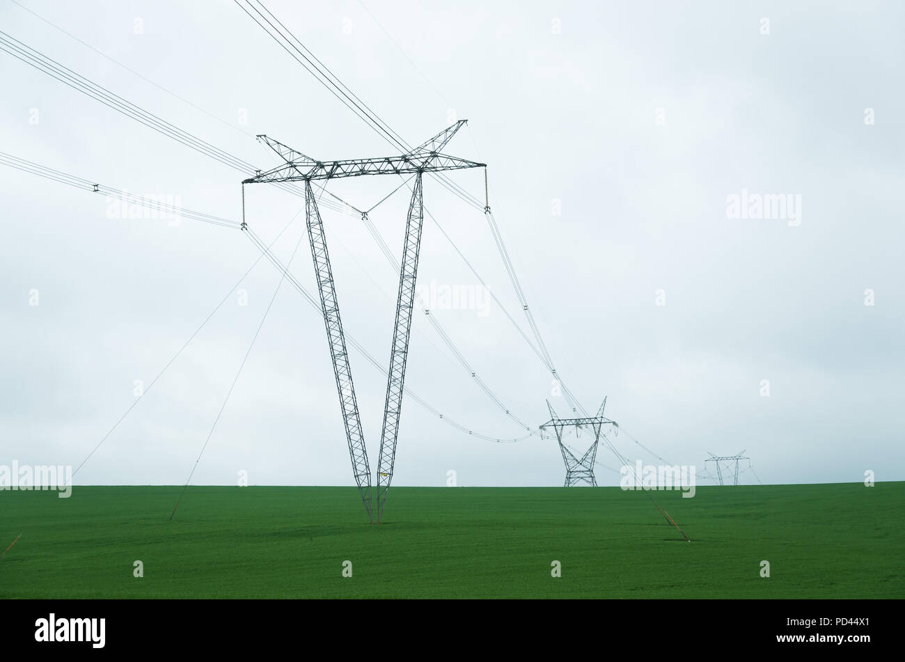 Industrial landscape. High voltage transmission station at dusk time ...