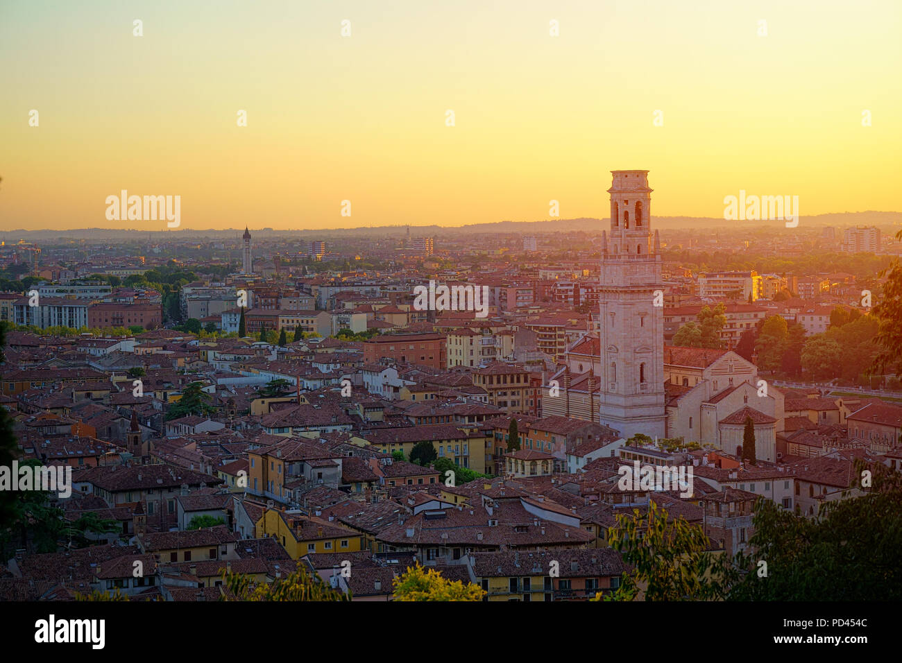 Top angle view of Verona, Italy at summer sunset, sun lens flare Stock ...