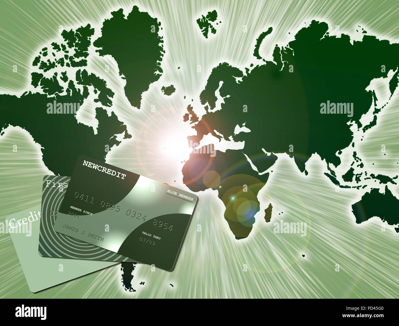 Credit cards on world's map background Stock Photo - Alamy