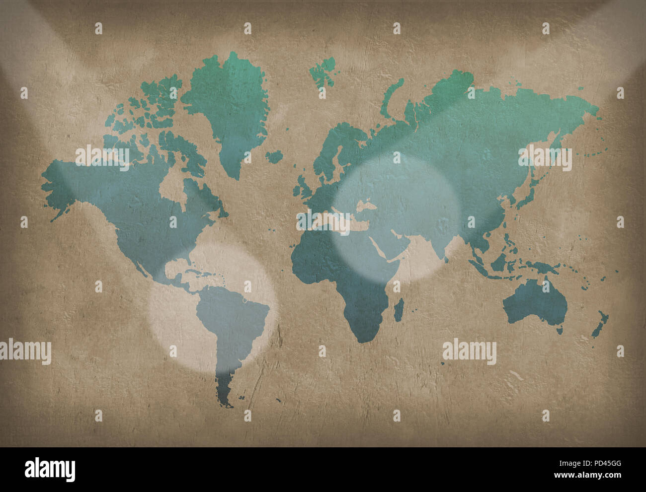 World map. Painting in blue color on the wall. 3D rendering Stock Photo ...