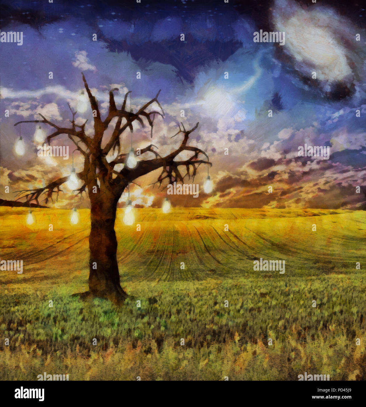 Surreal digital art. Old tree with light bulbs stands in green field ...