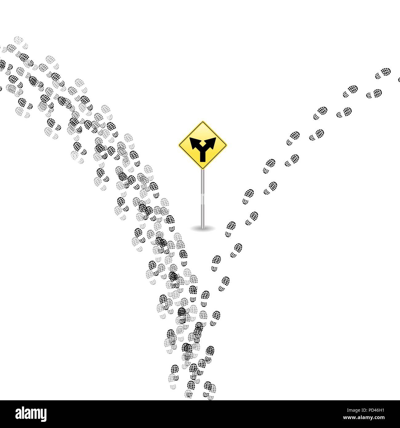 Your own way. Many shoes ways with one different path and road sign ...