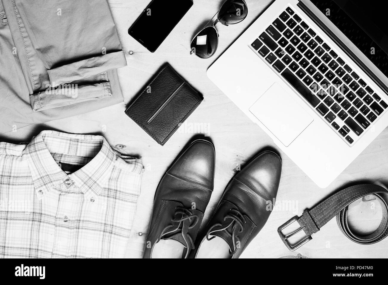 Outfit of modern creative men. Overhead of essentials for traveler ...