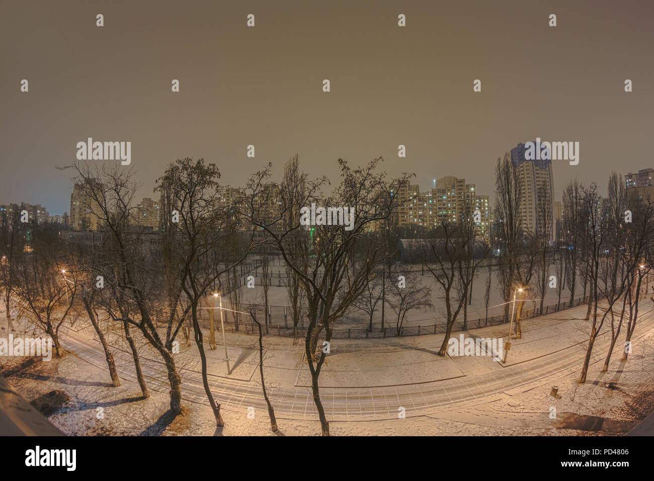 View from window. Night winter urban cityscape Stock Photo - Alamy