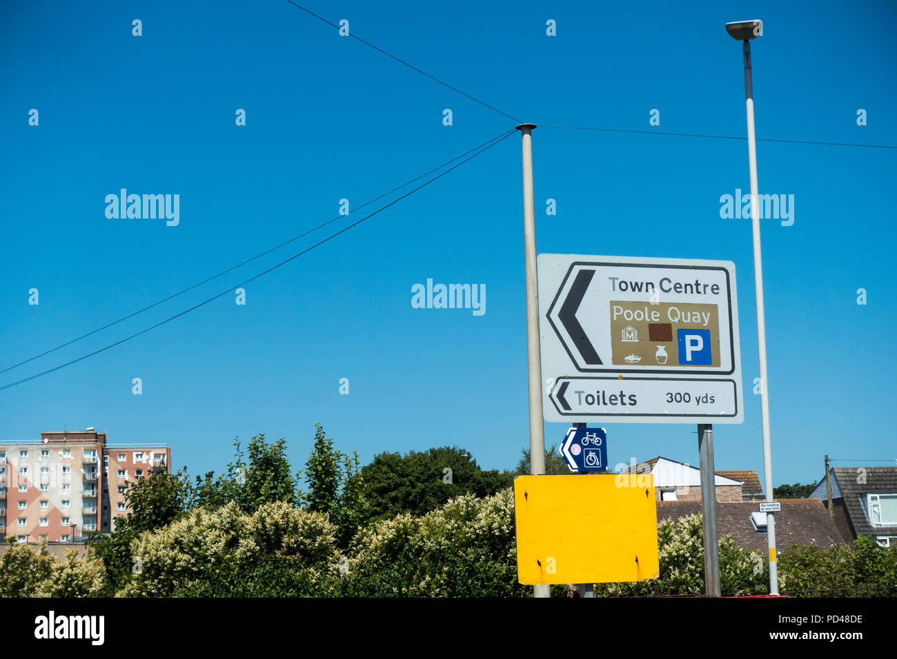 Signpost for Poole Quay, Town Centre and toilets, Poole, Dorset, UK ...
