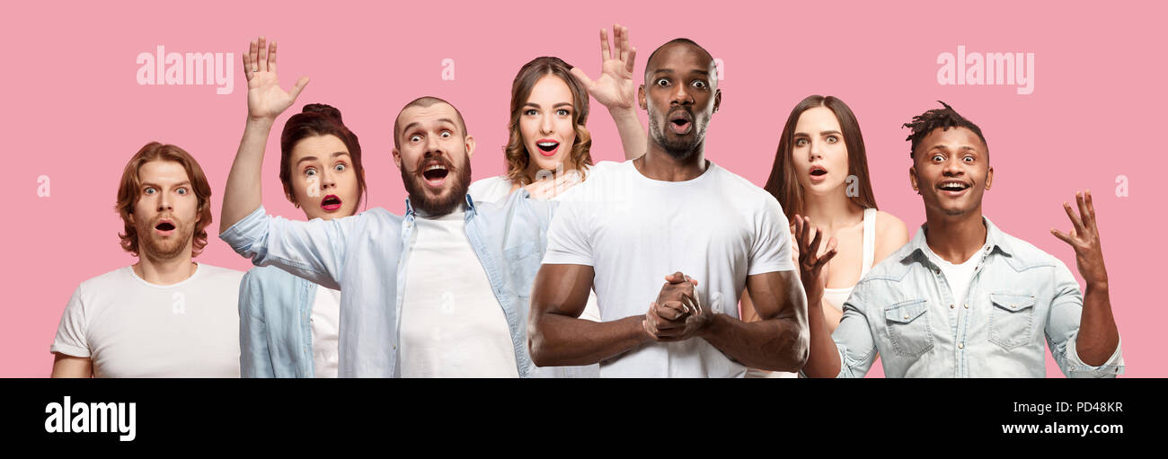 The collage of faces of surprised people on pink backgrounds. Human ...
