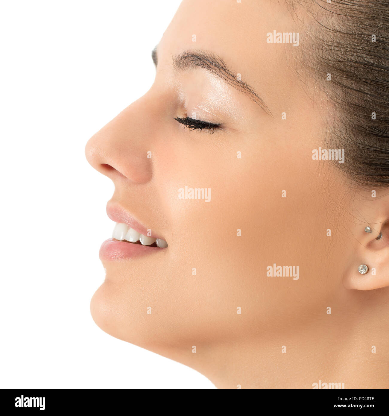 Macro close up side view beauty portrait of young woman smiling.Girl ...