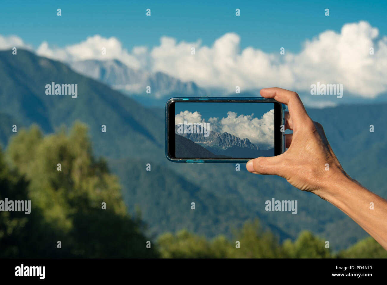 Hand making photo with smartphone camera closeup, view tourist hands ...