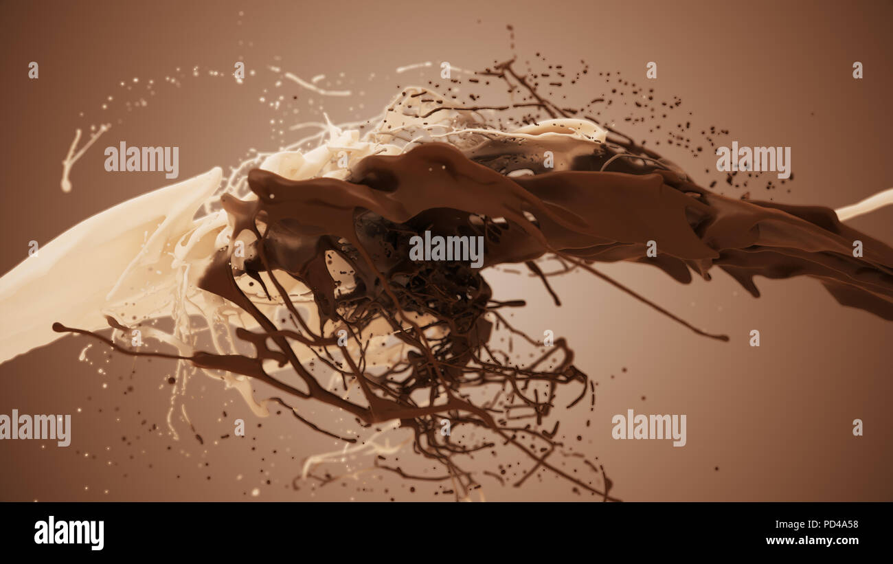 Milk and chocolate splash in slow motion. 3D illustration of white and ...
