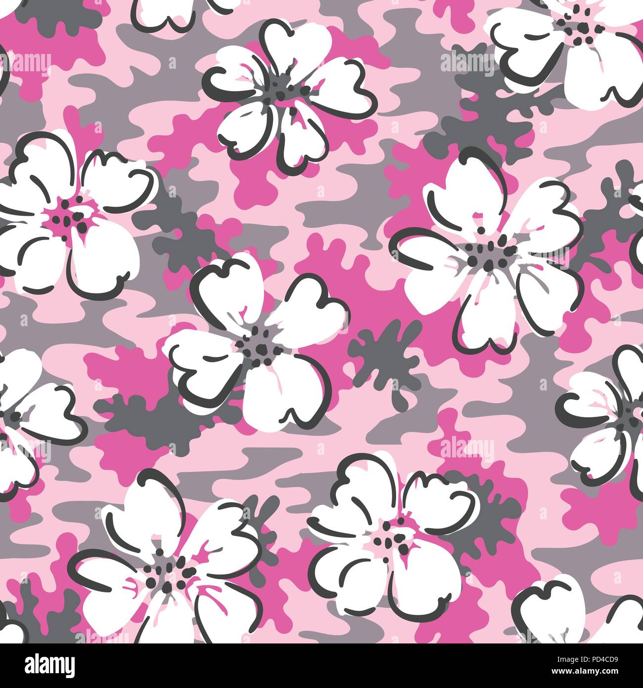 White Hand Drawn Flowers on Pink Camo Background Vector Seamless ...