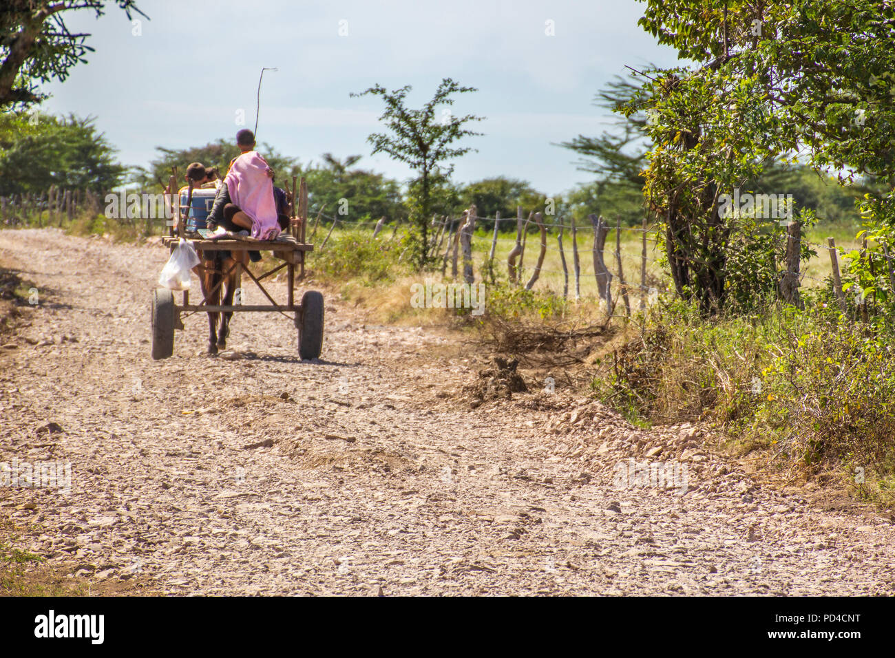 Two boys driving their carriage under and endless road. Just a poverty ...