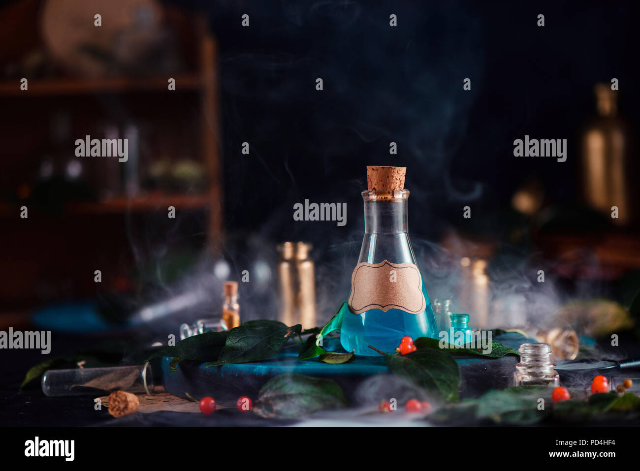 Blank label on a magic potion bottle. Modern witchcraft concept with ...