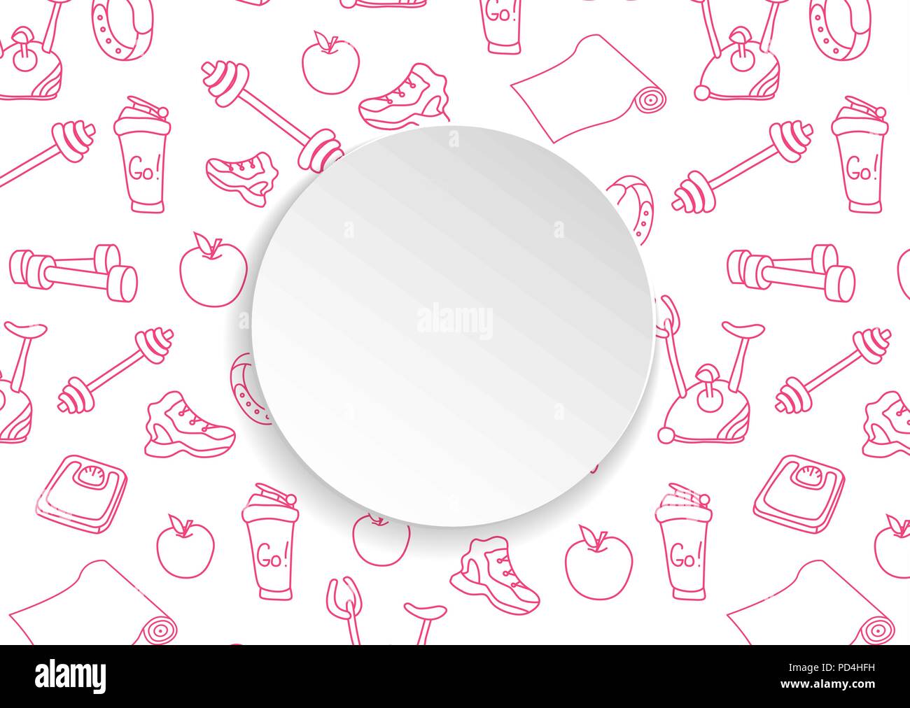 Fitness banner with hand drawn gym pattern and 3d paper plate. D Stock ...