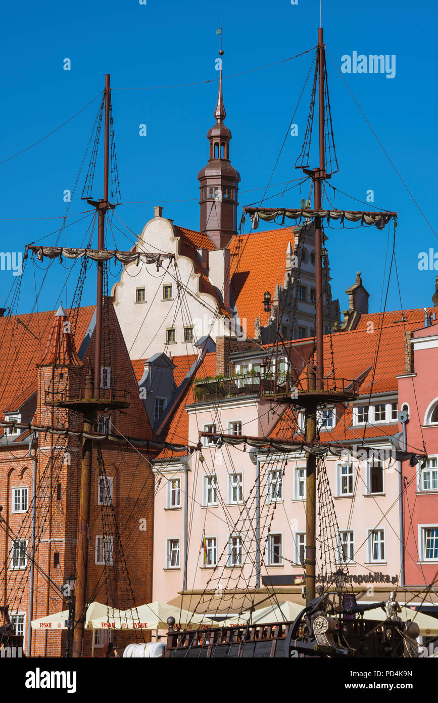 Gdansk skyline, view of the roofline of tall buildings and a ship's ...