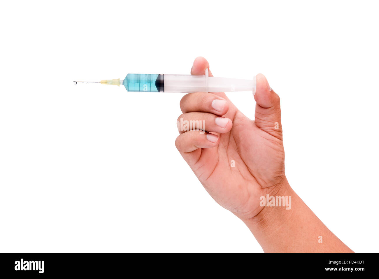 hand holding syringe isolated on white background Stock Photo - Alamy