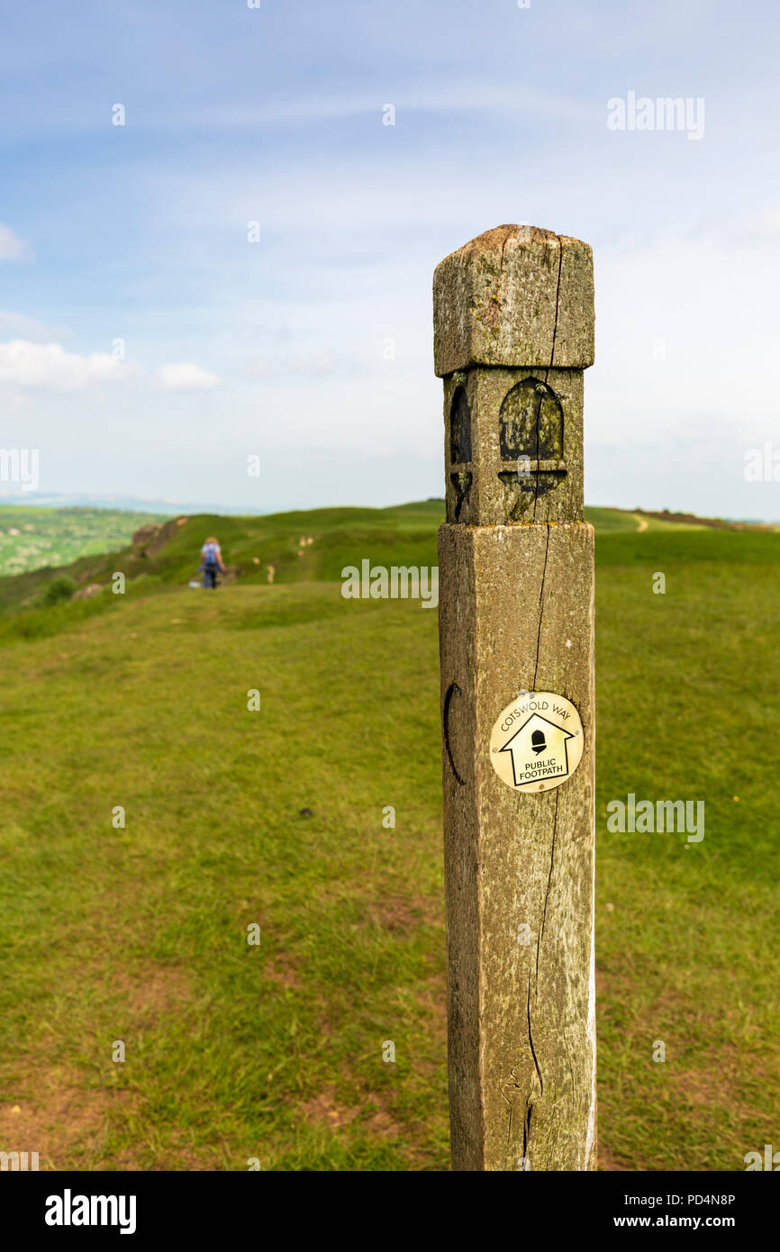 Cotswold Way marker post on Cleeve Hill, Gloucestershire, England Stock ...