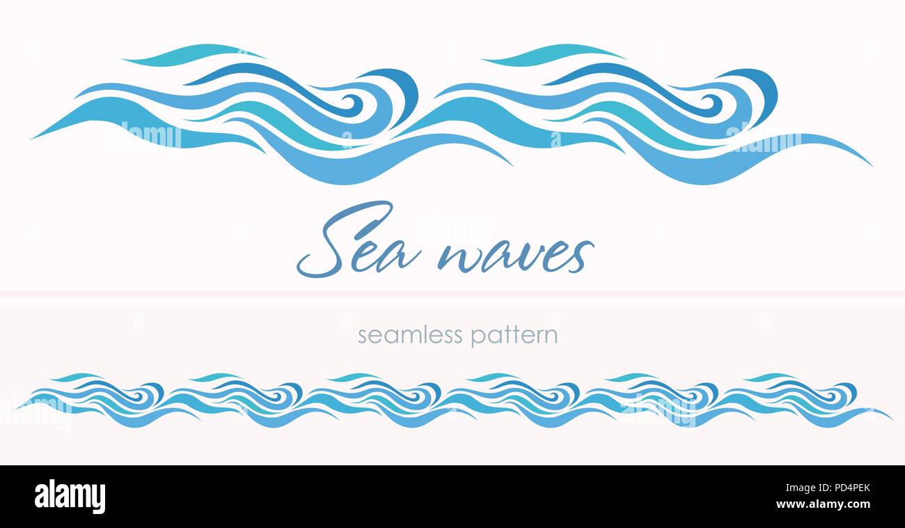 Marine seamless pattern with stylized waves on a light background. Blue ...