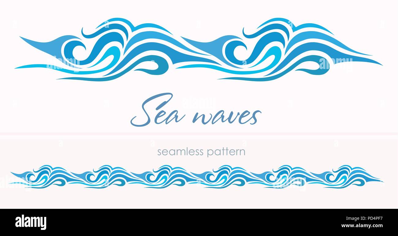 Marine seamless pattern with stylized waves on a light background. Blue ...
