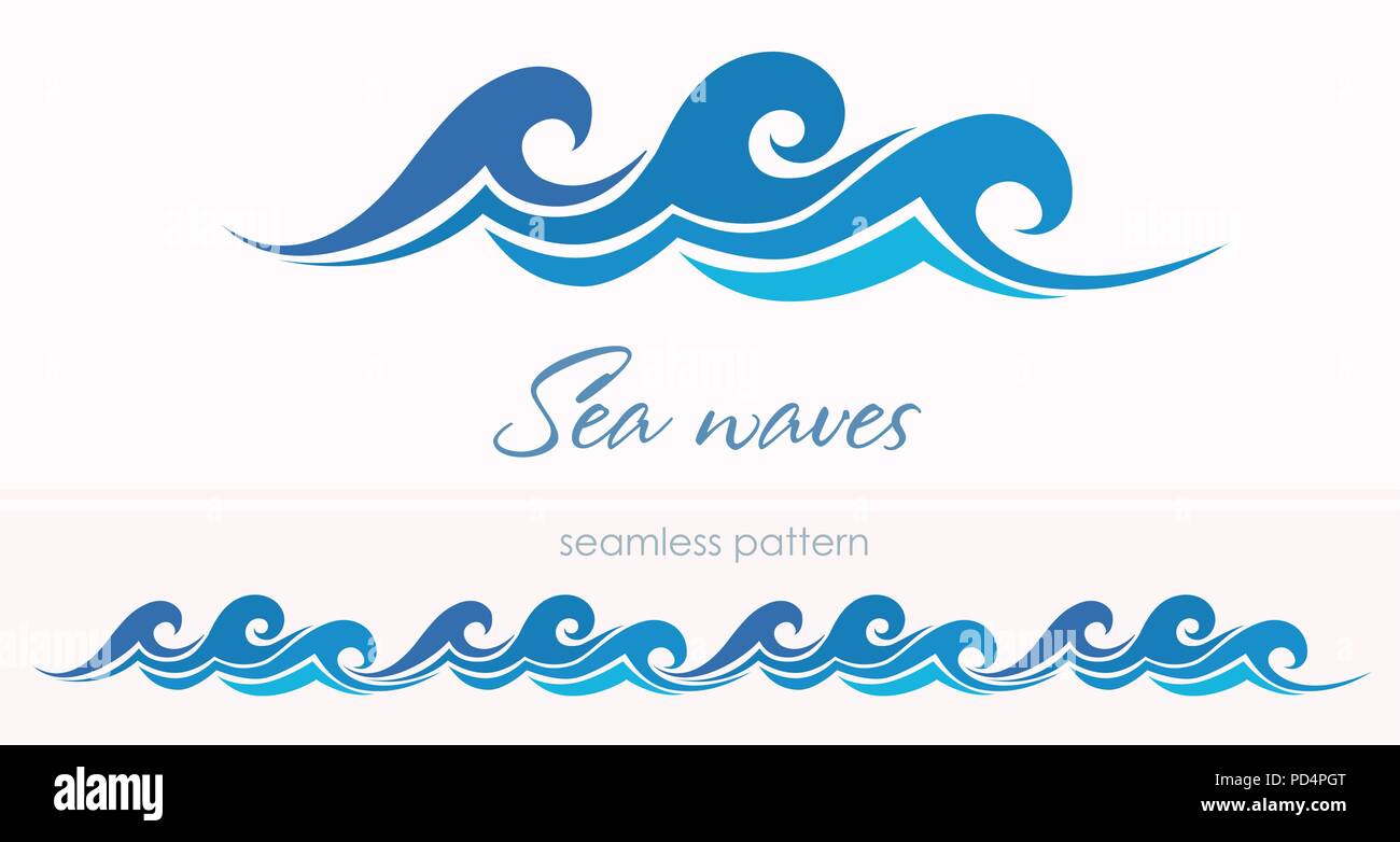 Marine seamless pattern with stylized waves on a light background. Blue ...