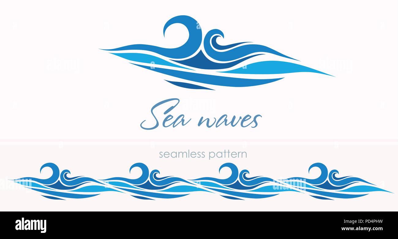 Marine seamless pattern with stylized waves on a light background. Blue ...