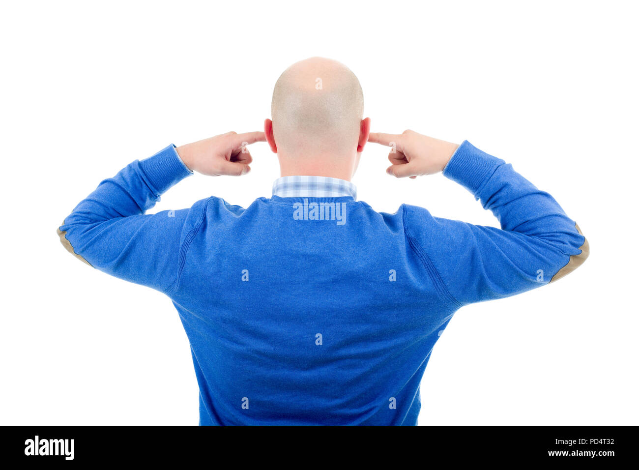 Rear view of young man covering his ears. Isolated on the white ...