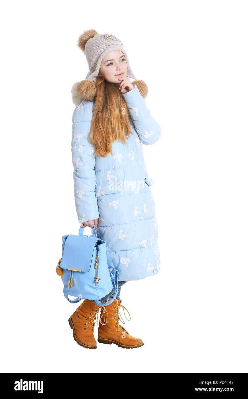 Happy little girl posing with backpack Stock Photo - Alamy