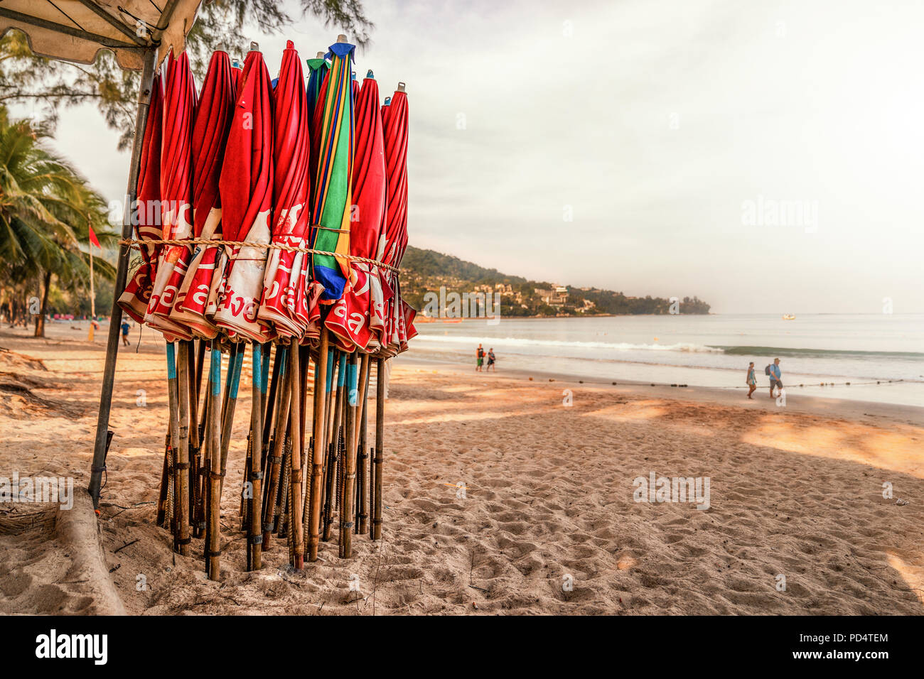 multiple umbrellas on a beach for tourists before opening Stock Photo ...
