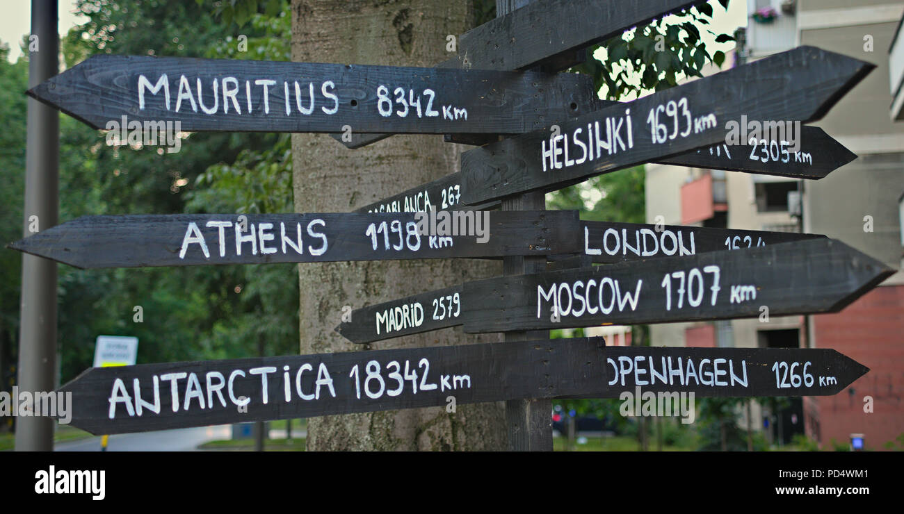 Direction signs to various distant places on earth Stock Photo - Alamy