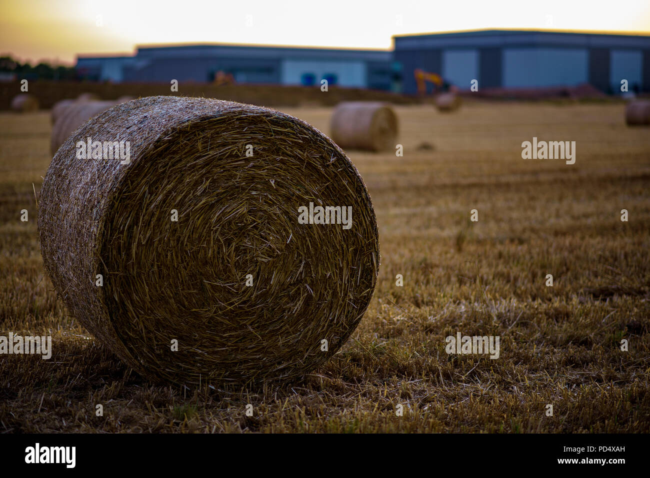 Hay straw on farmland with industrial site being developed in the ...