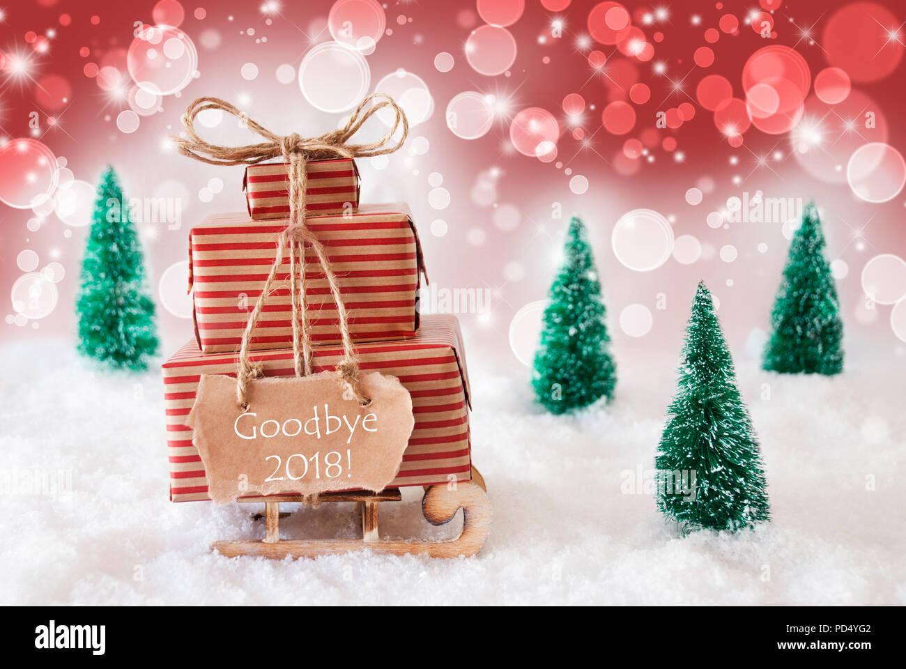 Christmas Sleigh On Red Background, Goodbye 2018 Stock Photo - Alamy