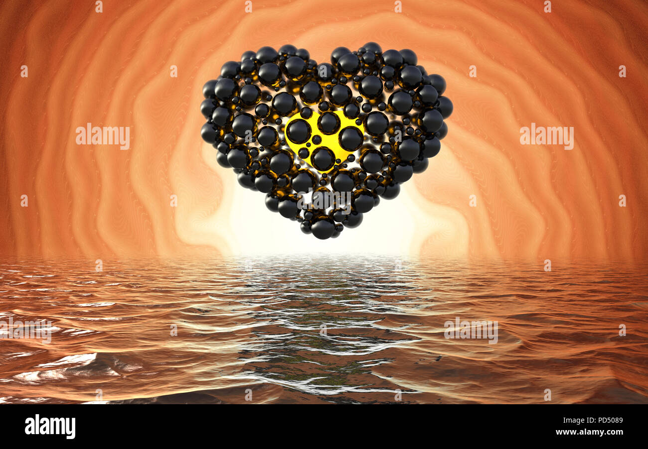 black heart made of spheres with reflections isolated on involute ...