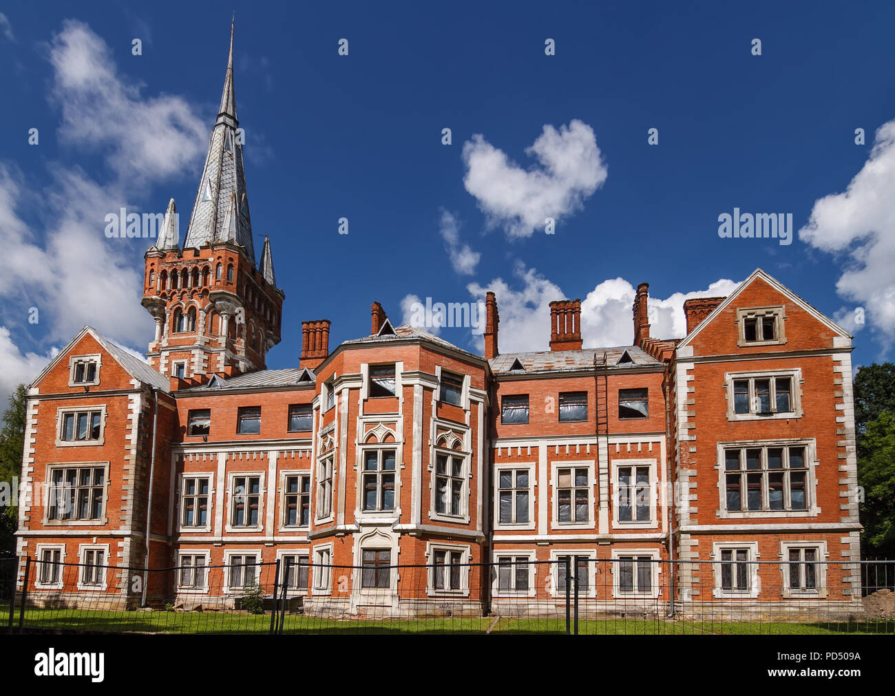 Front view on abandoned a neo-gothic style Tyszkiewicz palace in ...