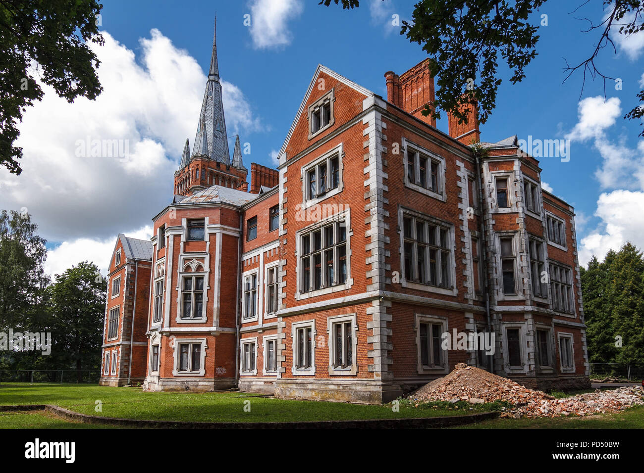 Side view on abandoned a neo-gothic style Tyszkiewicz palace in ...