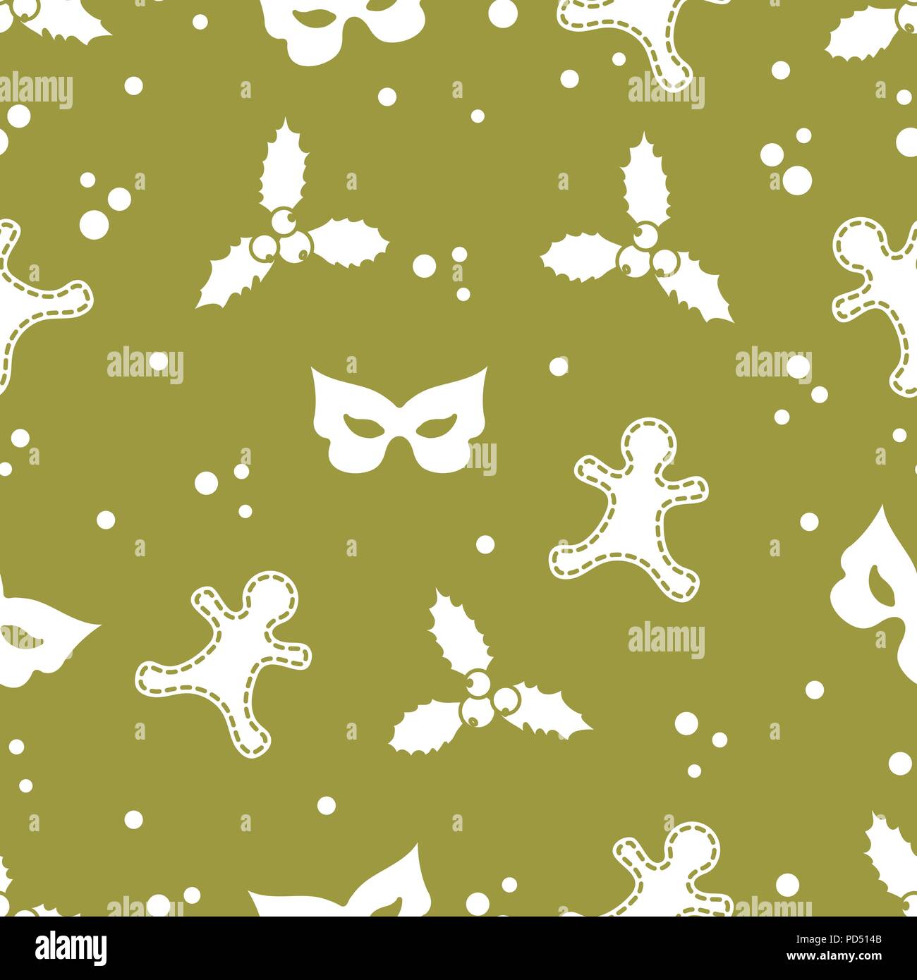 Seamless pattern with gingerbread man, mistletoe, mask. Christmas and ...