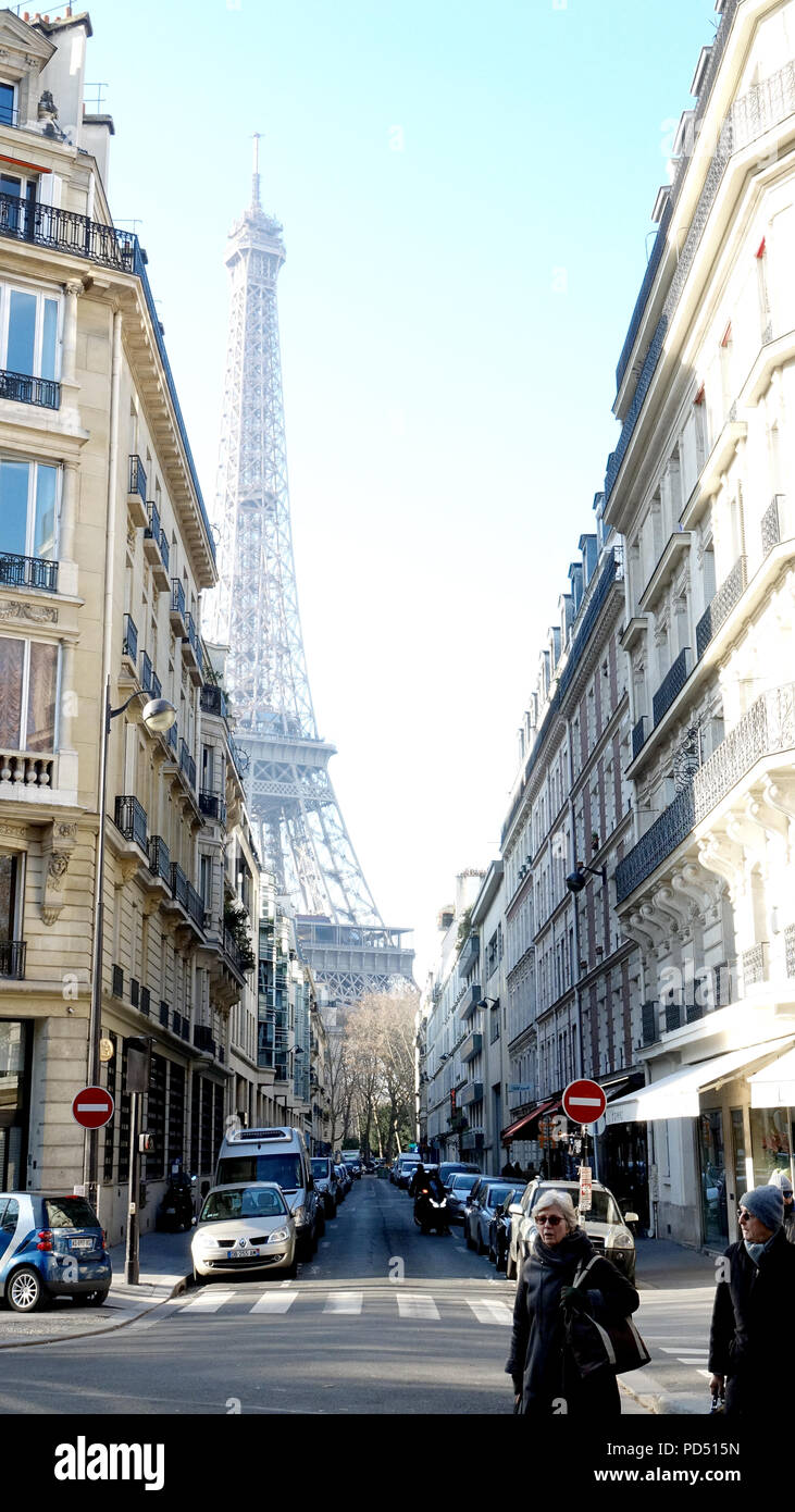 PARIS-FRANCE-JAN 19, 2017: View of a street in Paris with the Eiffel ...