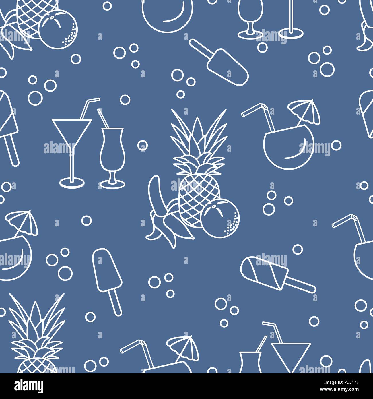 Seamless pattern with cocktails, ice cream, pineapple, orange, banana ...